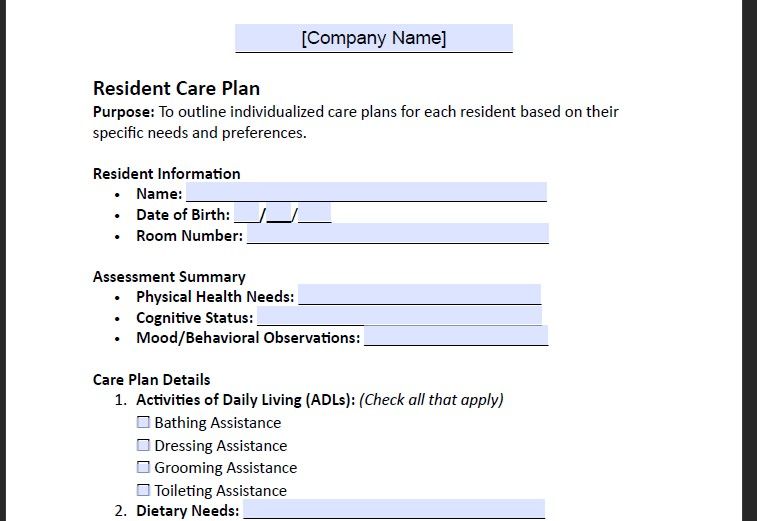 Resident Care Plan Form