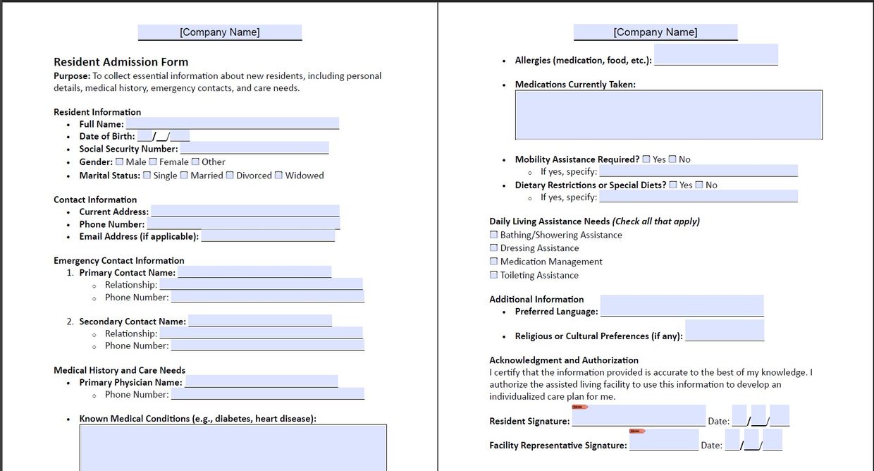 Assisted Living Facility Forms Package