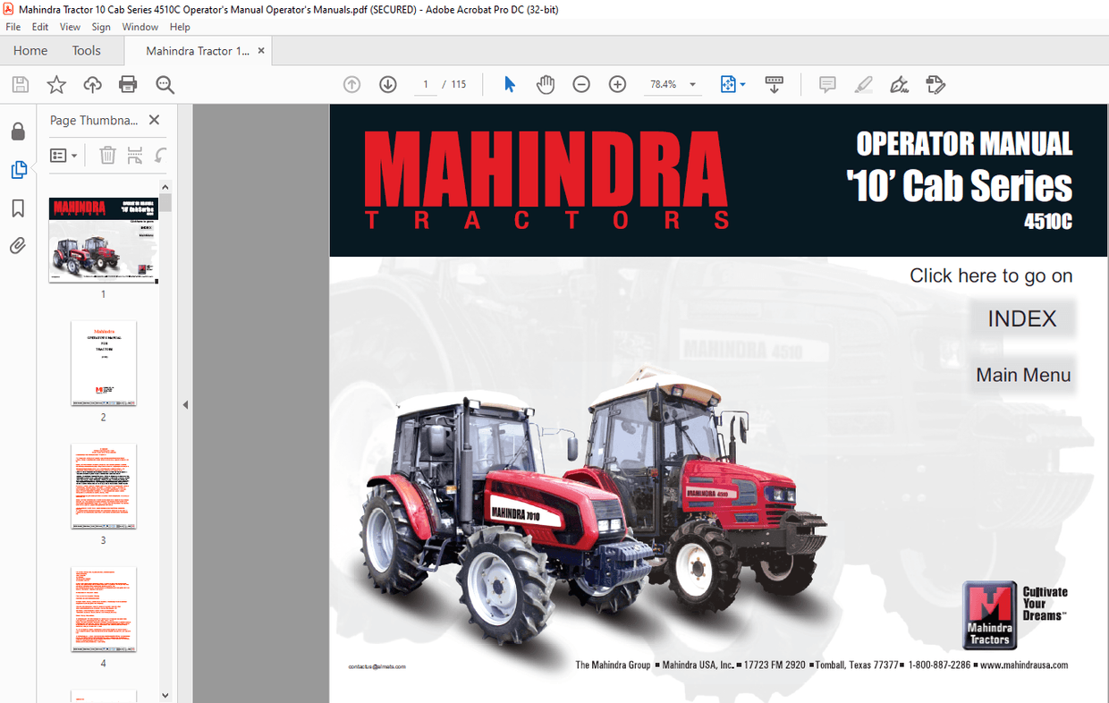Mahindra Tractor ’10’ Cab Series 4510C Operator’s Manual – PDF DOWNLOAD