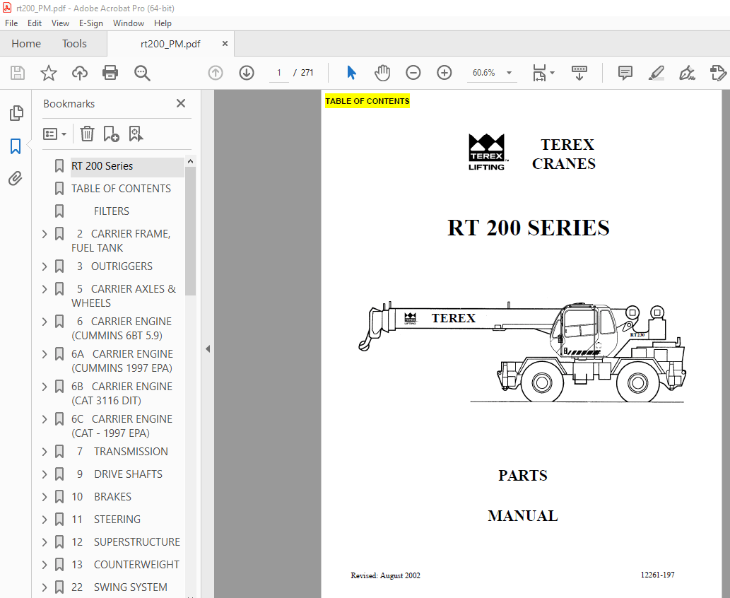 Terex Crane RT200 Series Parts Manual 12261-197 – PDF DOWNLOAD