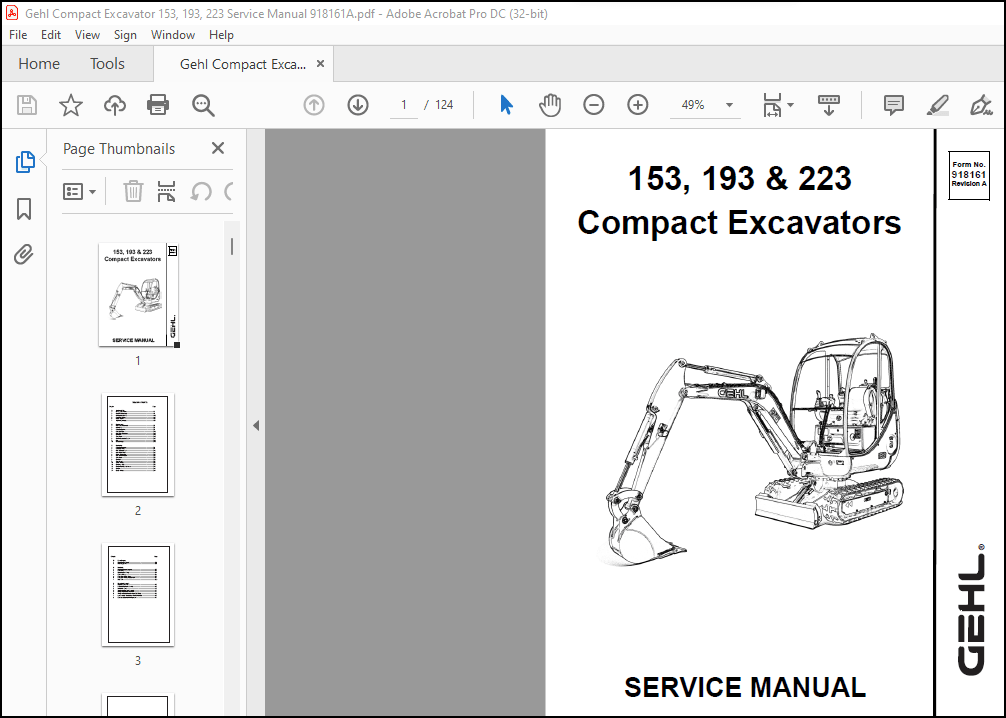 Gehl 153, 193 & 223 Compact Excavator Service Manual 918161A – PDF DOWNLOAD