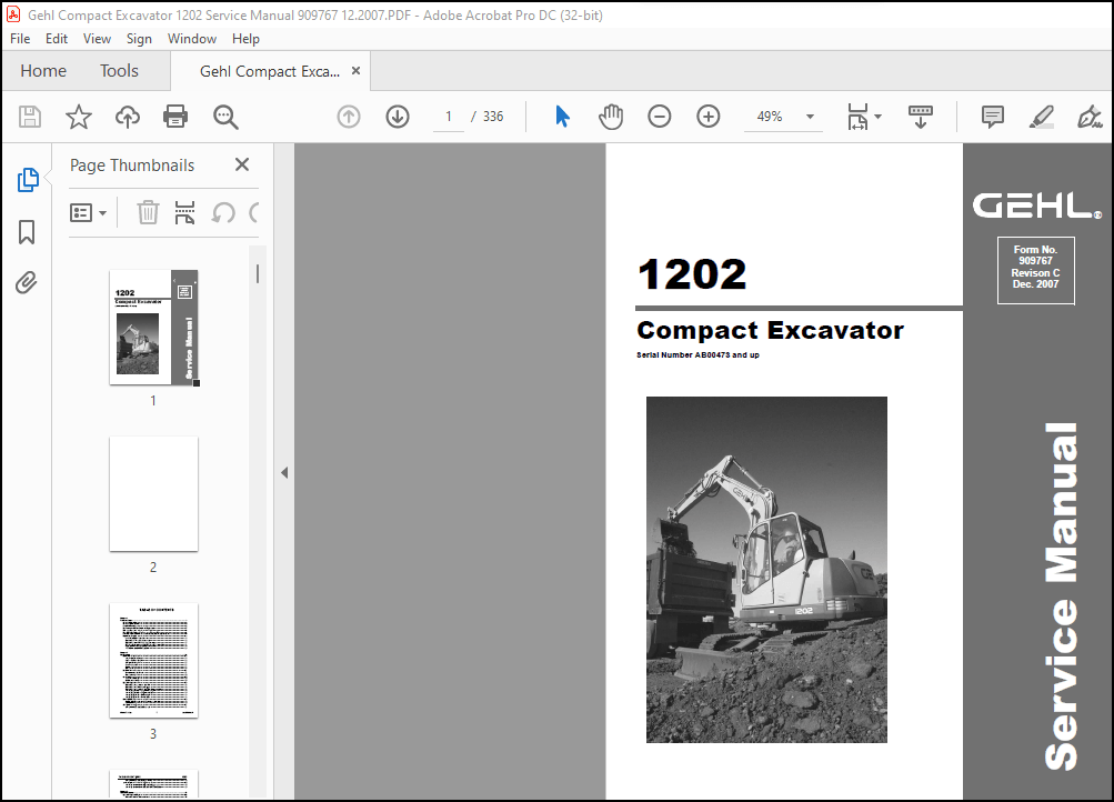 Gehl 1202 Compact Excavator Service Manual 909767 – PDF DOWNLOAD