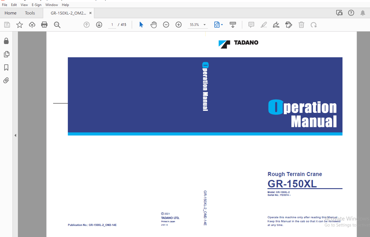 Tadano GR-150XL Rough Terrain Crane Operation Manual – PDF