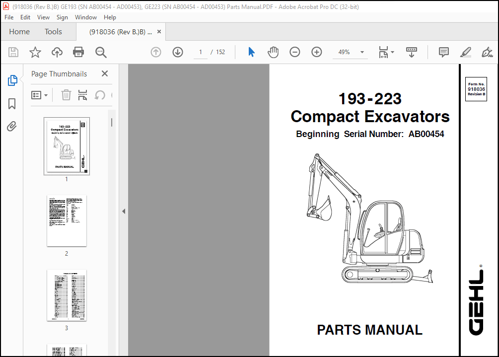 GEHL Compact Excavators 193-223 Parts Manual(918036) – PDF DOWNLOAD