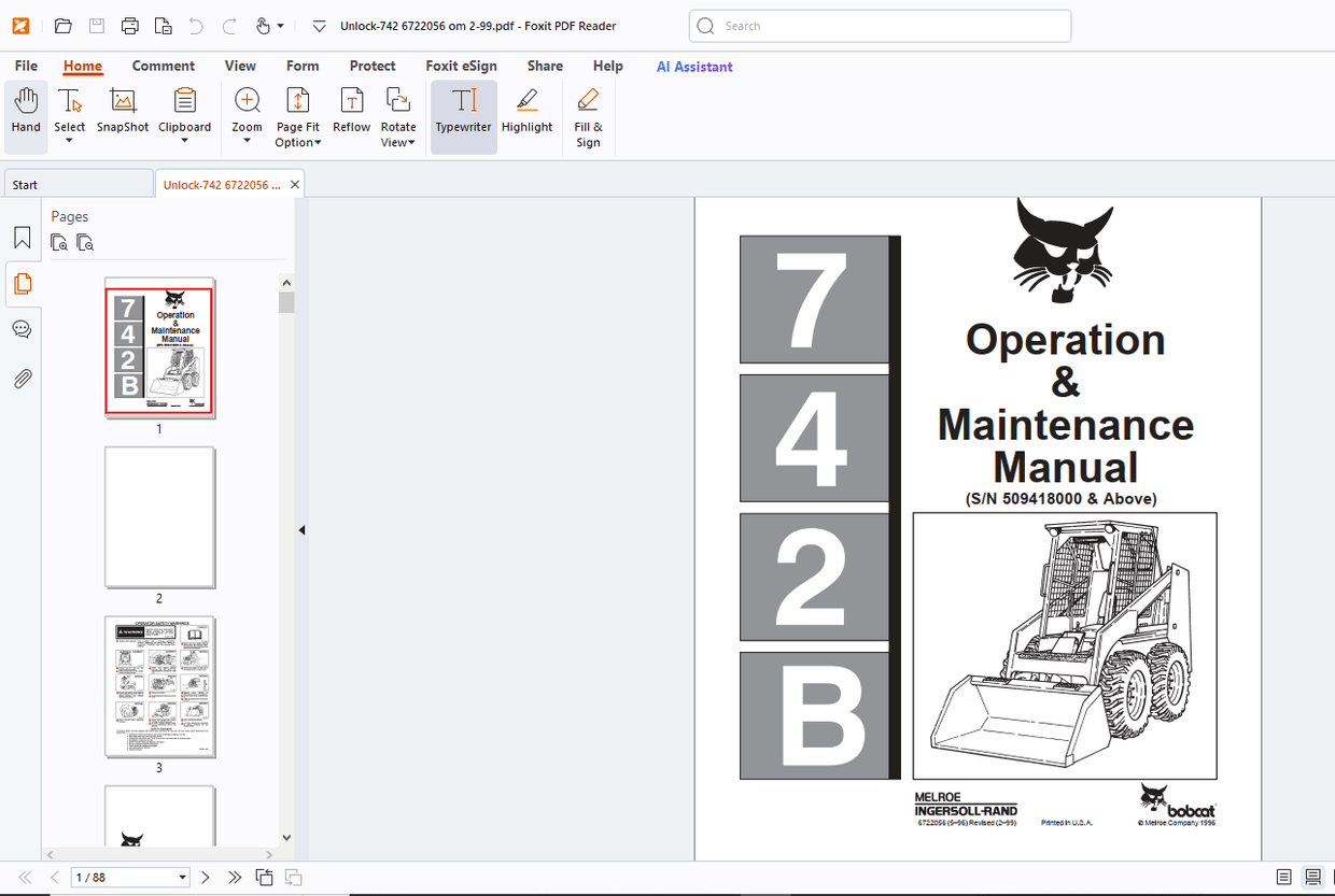 Bobcat 742B Operation & Maintenance Manual - PDF DOWNLOAD