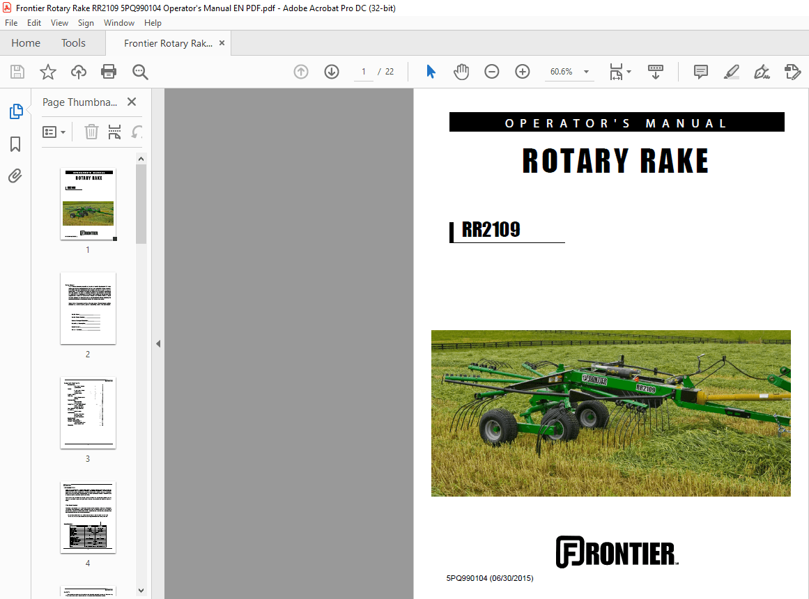 Frontier Rotary Rake RR2109 Operator’s Manual(5PQ990104) – PDF DOWNLOAD