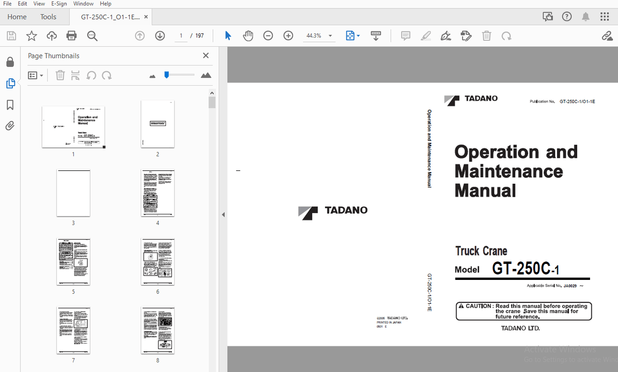 Tadano GT-250C-1 Truck Crane Operation & Maintenance Manual – PDF