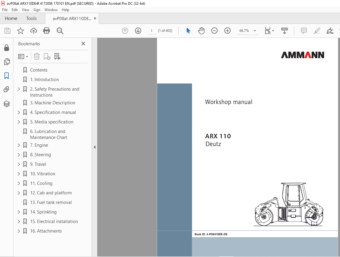 Ammann ARX 110 Tandem Roller Workshop Manual 4182006 - PDF