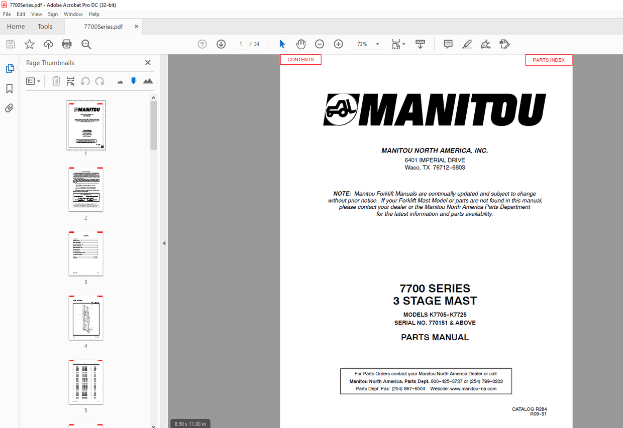Manitou Forklift 7700 SERIES 3 STAGE MAST PARTS MANUAL – PDF DOWNLOAD