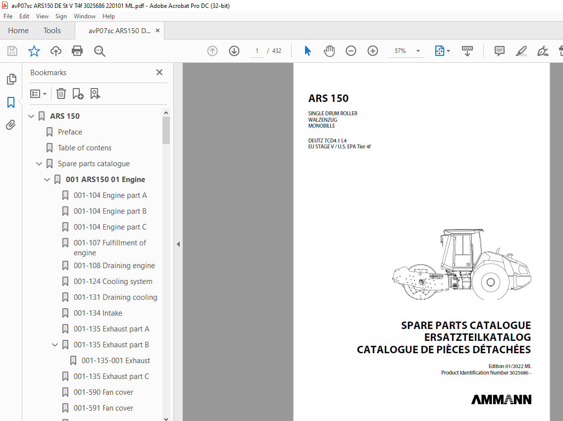 Ammann ARS 150 Single Drum Roller Parts Catalogue Manual 3025686 - PDF