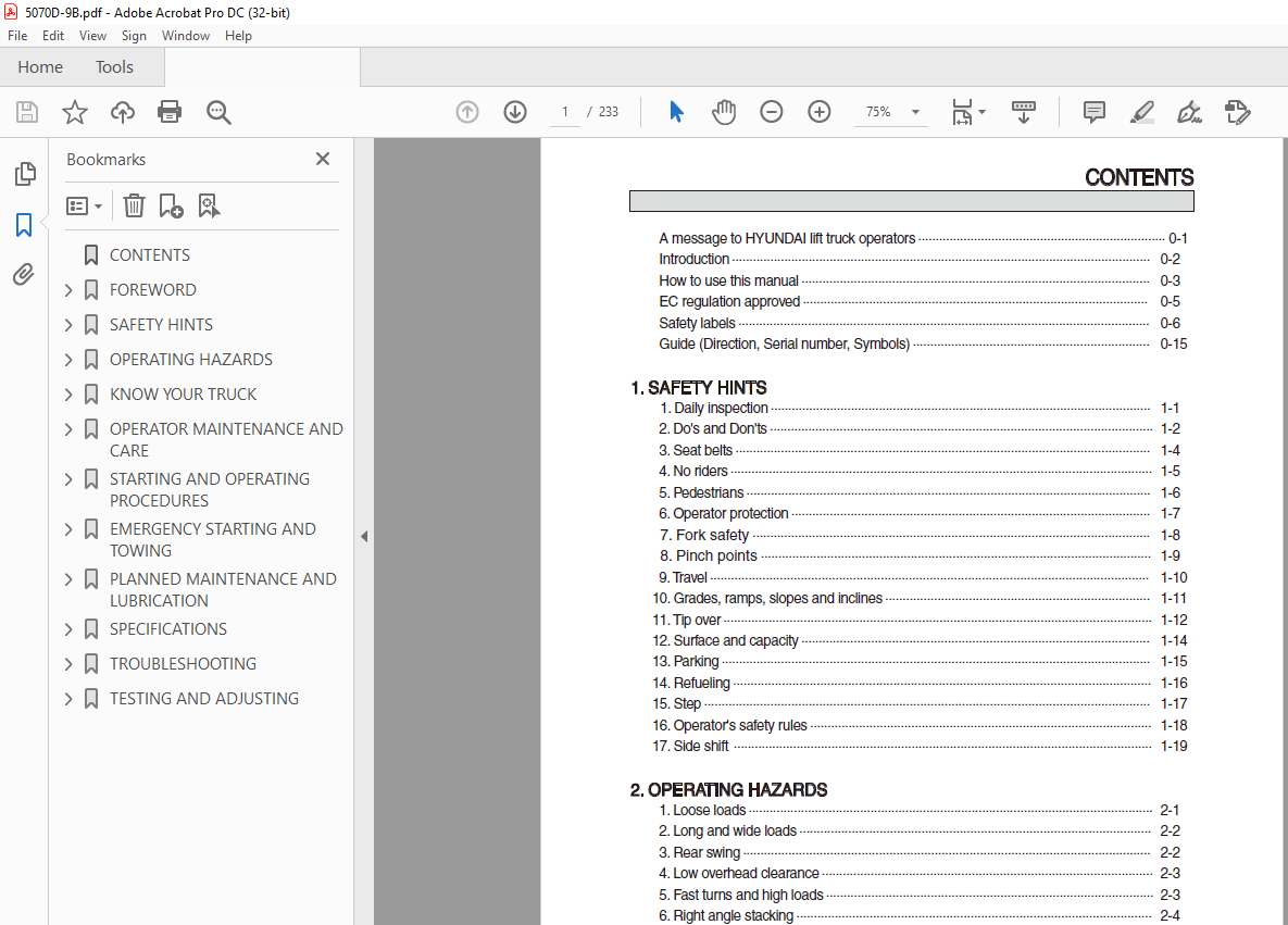 Hyundai 50/70-9B Diesel Forklift Truck Operator’s Manual 2023 – PDF DOWNLOAD