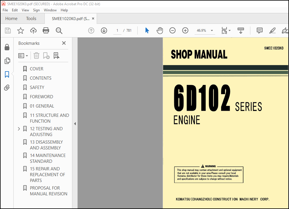 Komatsu 6D102 Series Engine Shop Manual SMEE1020K0 – PDF DOWNLOAD