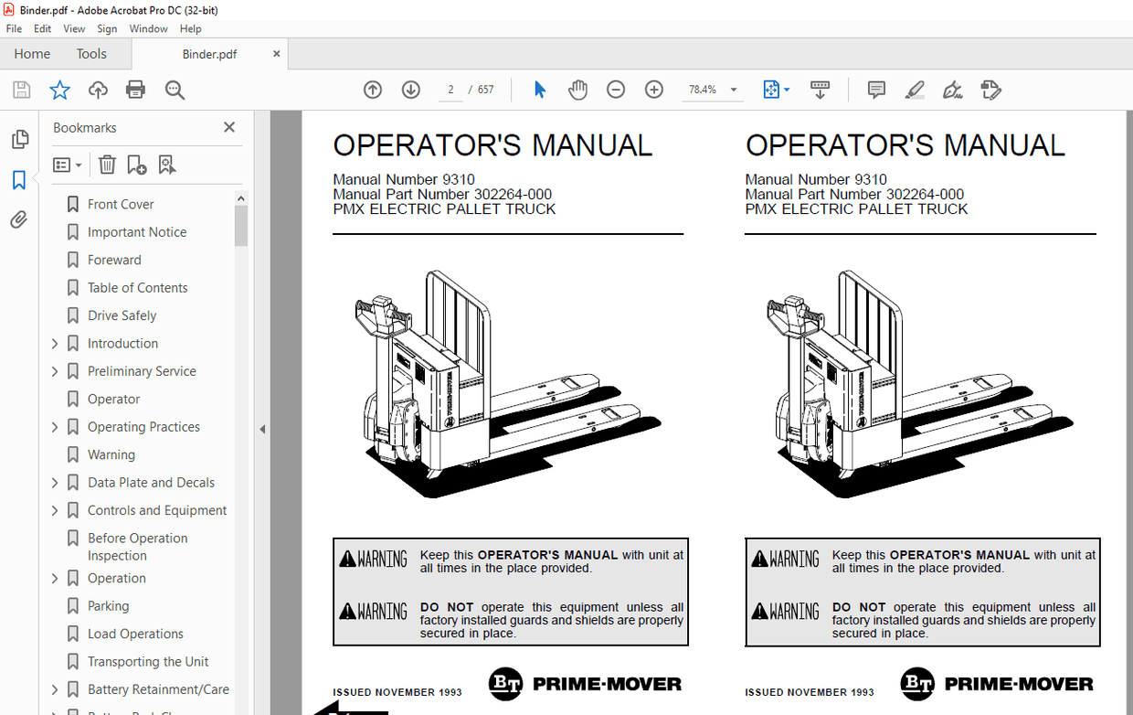 BT Prime-Mover Forklift PMX Electric Pallet Truck Operator’s Manual ...
