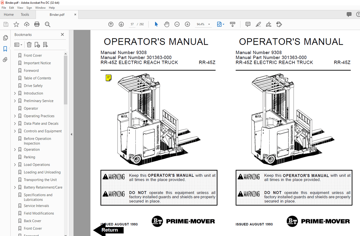 BT Prime-Mover Forklift RR-45Z Reach Truck Operator’s Manual – PDF DOWNLOAD