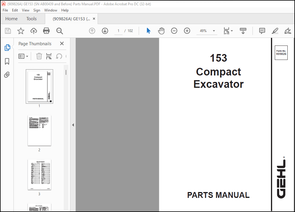 GEHL 153 Compact Excavator Parts Manual(909826) – PDF DOWNLOAD