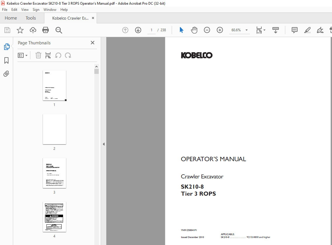 Kobelco SK210-8 Tier 3 ROPS Crawler Excavator Operator's Manual - PDF DOWNLOAD