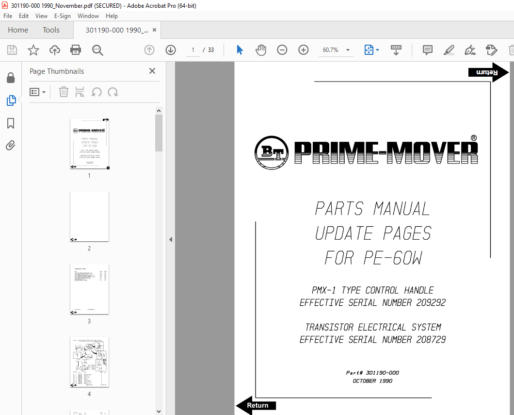BT Prime Mover PE-60W Parts Manual PN 301190-000 - PDF DOWNLOAD