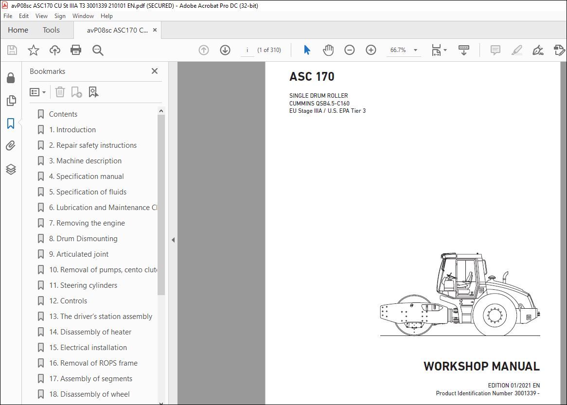 Ammann ASC 170 Single Drum Roller Workshop Manual 3001339 - PDF