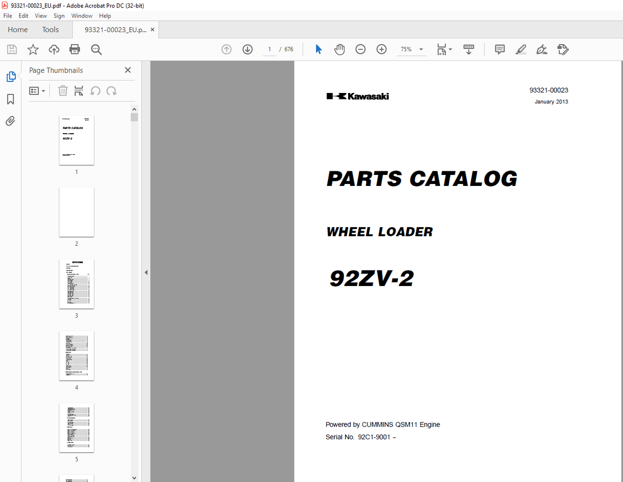 Kawasaki 92ZV-2 Wheel Loader Parts Manual – PDF DOWNLOAD