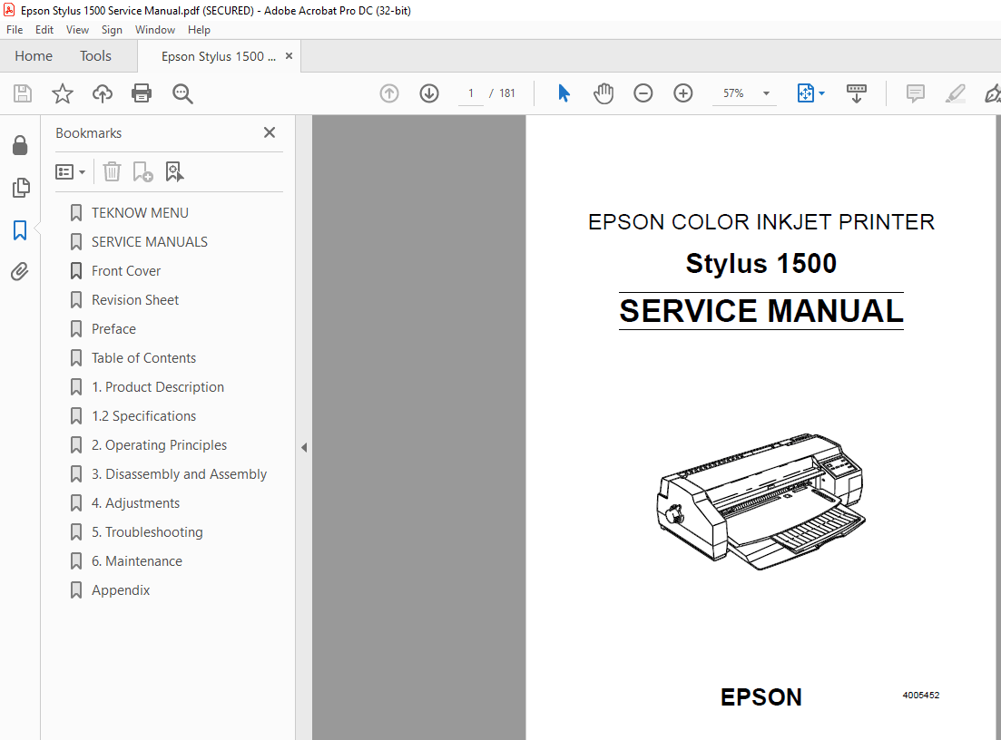 Epson COLOR INKJET PRINTER Stylus 1500 Service Manual