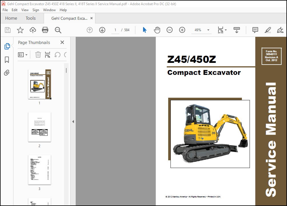 Gehl Z45 450Z Compact Excavator Service Manual – PDF DOWNLOAD