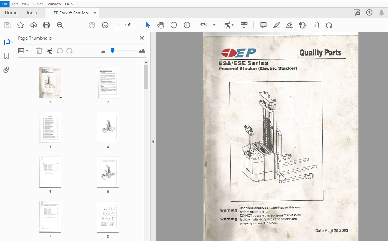 EP ESA/ESE Series Electric Stacker Parts Manual – PDF DOWNLOAD