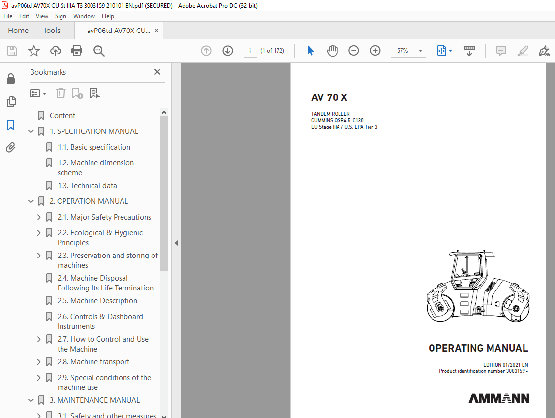 Ammann AV 70 X Tandem Roller Operating Manual SN 3003159 PDF