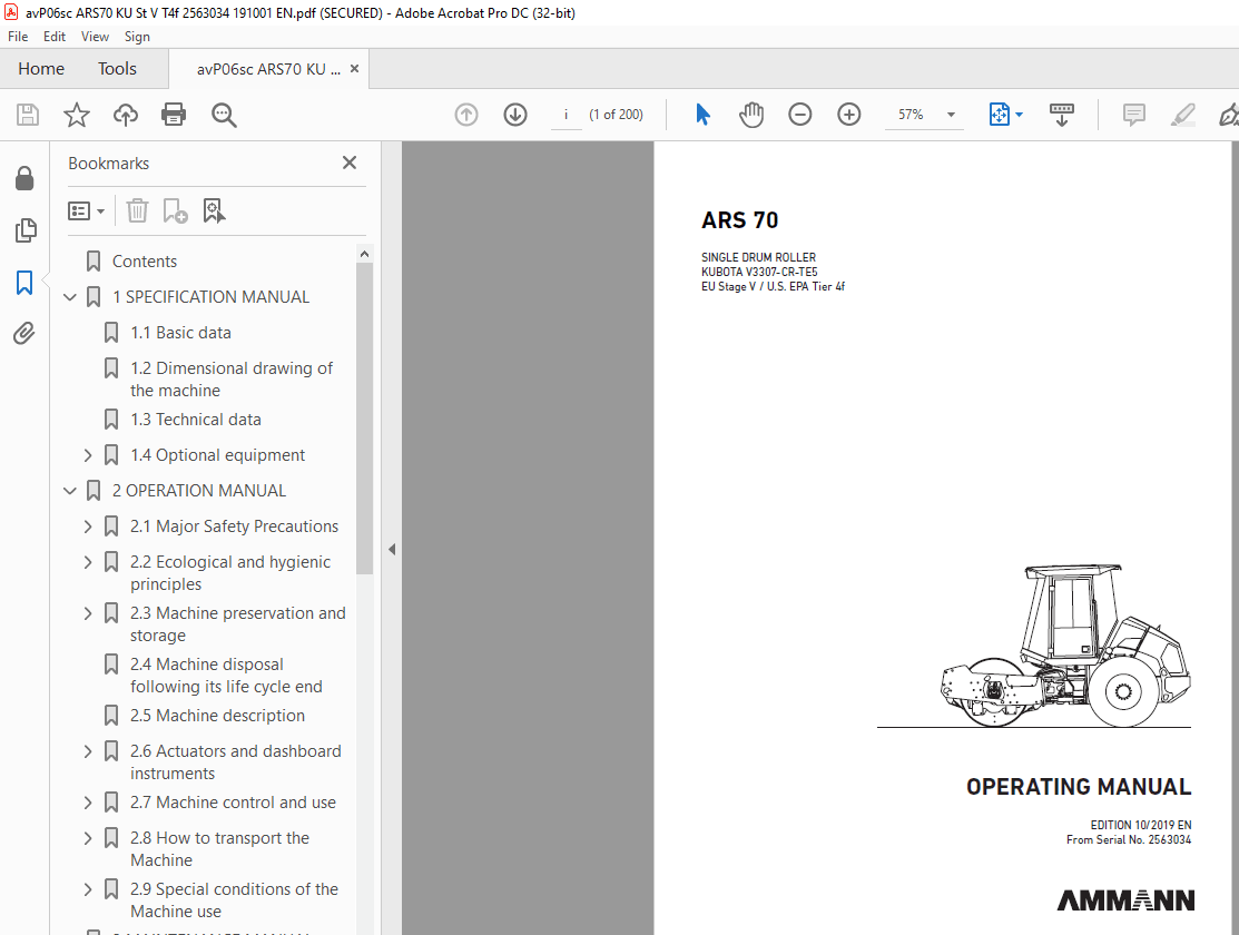 Ammann ARS 70 Single Drum Roller Operating Manual SN 2563034 - PDF