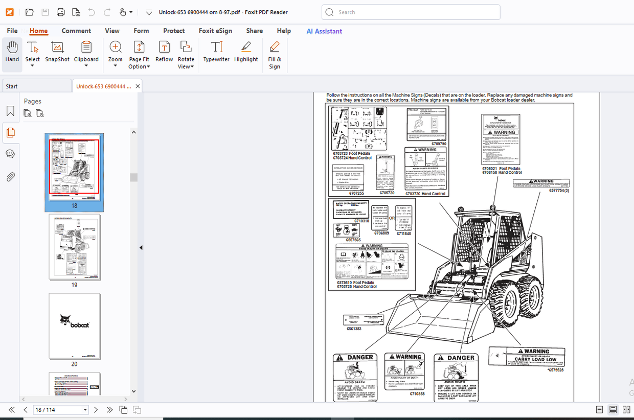 Bobcat 653 Foot Pedal & Hand Control Operation & Maintenance Manual ...