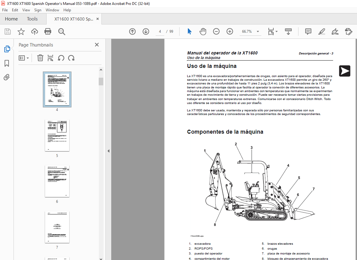 Ditch Witch XT1600 Manual del operador 053-31-1089 PDF