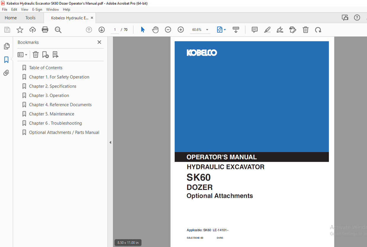 Kobelco SK60 Dozer Hydraulic Excavator Operator’s Manual – PDF DOWNLOAD