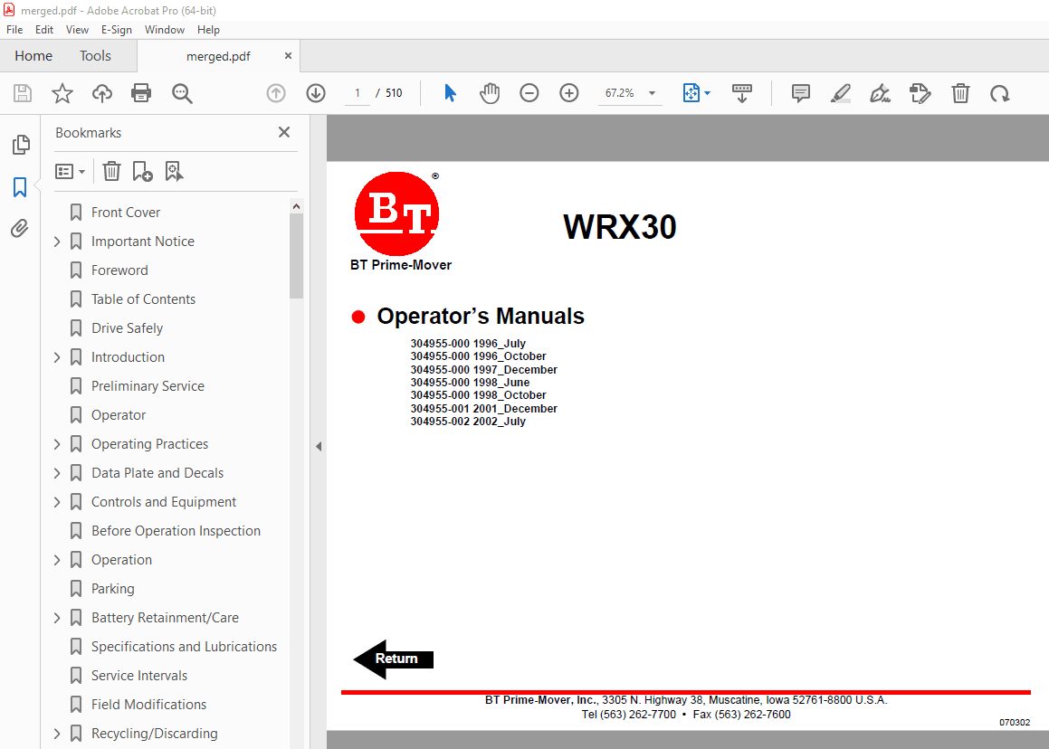 BT Prime-Mover WRX30 Operator's Manual - PDF DOWNLOAD