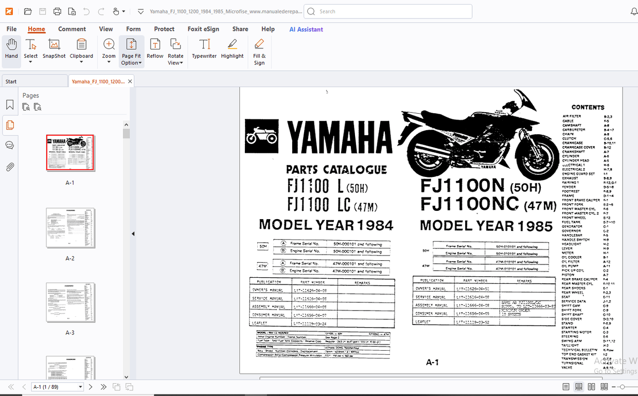 Yamaha FJ1100 L(50H) FJ1100 LC(47M) 1984-1985 Part Manual - PDF DOWNLOAD
