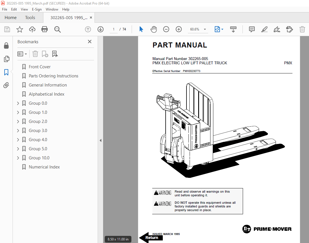 BT Prime-Mover PMX Electric Low Lift Pallet Truck Parts Manual - PDF ...