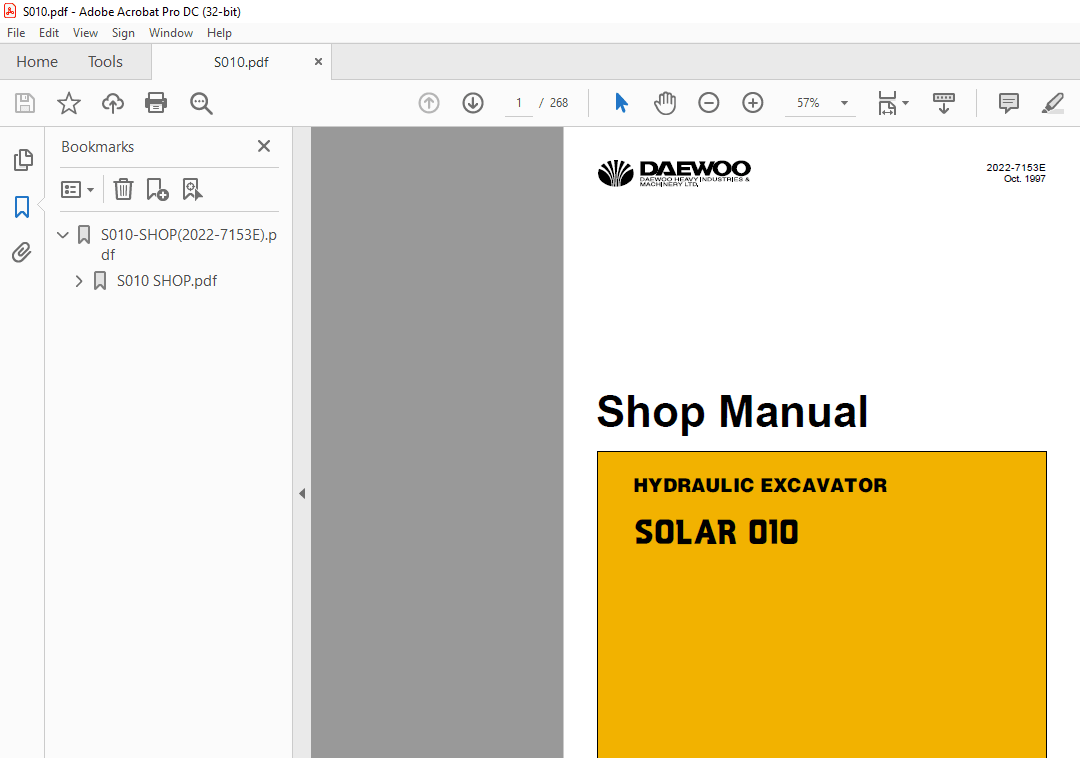 Daewoo HYDRAULIC EXCAVATOR SOLAR 010 Shop Manual – PDF DOWNLOAD