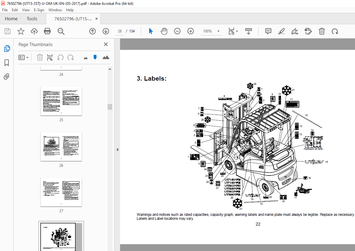 UTILEV UT15PFE UT35PFE 1.5T-3.5T Electrical 4-Wheel Forklift Truck Operation Manual PDF