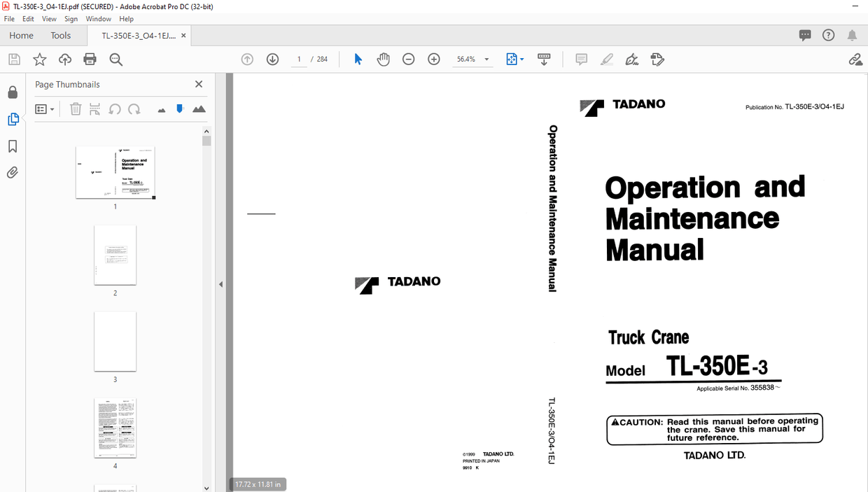 Tadano Truck Crane TL-300E-3 Operation and Maintenance Manual- PDF DOWNLOAD