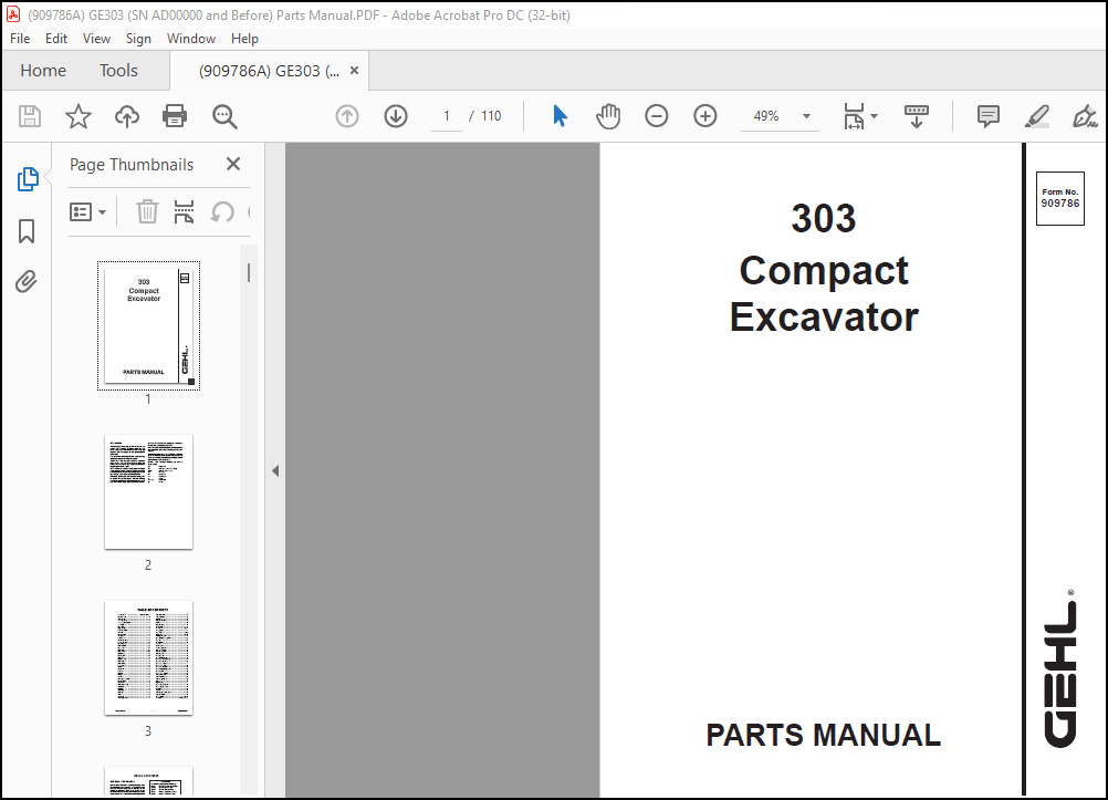 Gehl GE353 & 373 Compact Excavators Parts Manual(909787) – PDF DOWNLOAD