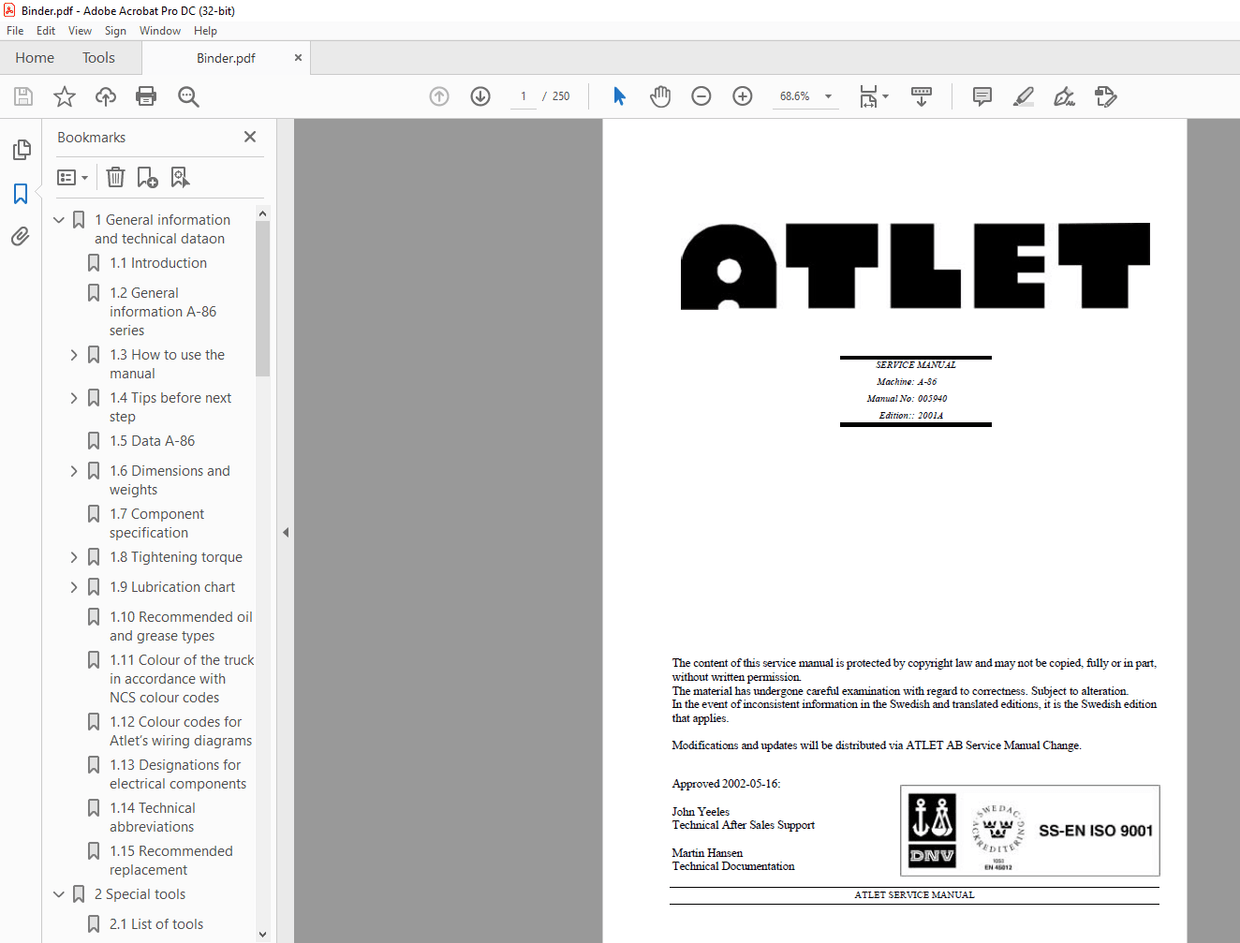 Atlet Forklift A-86 SERVICE MANUAL 005940 – PDF DOWNLOAD