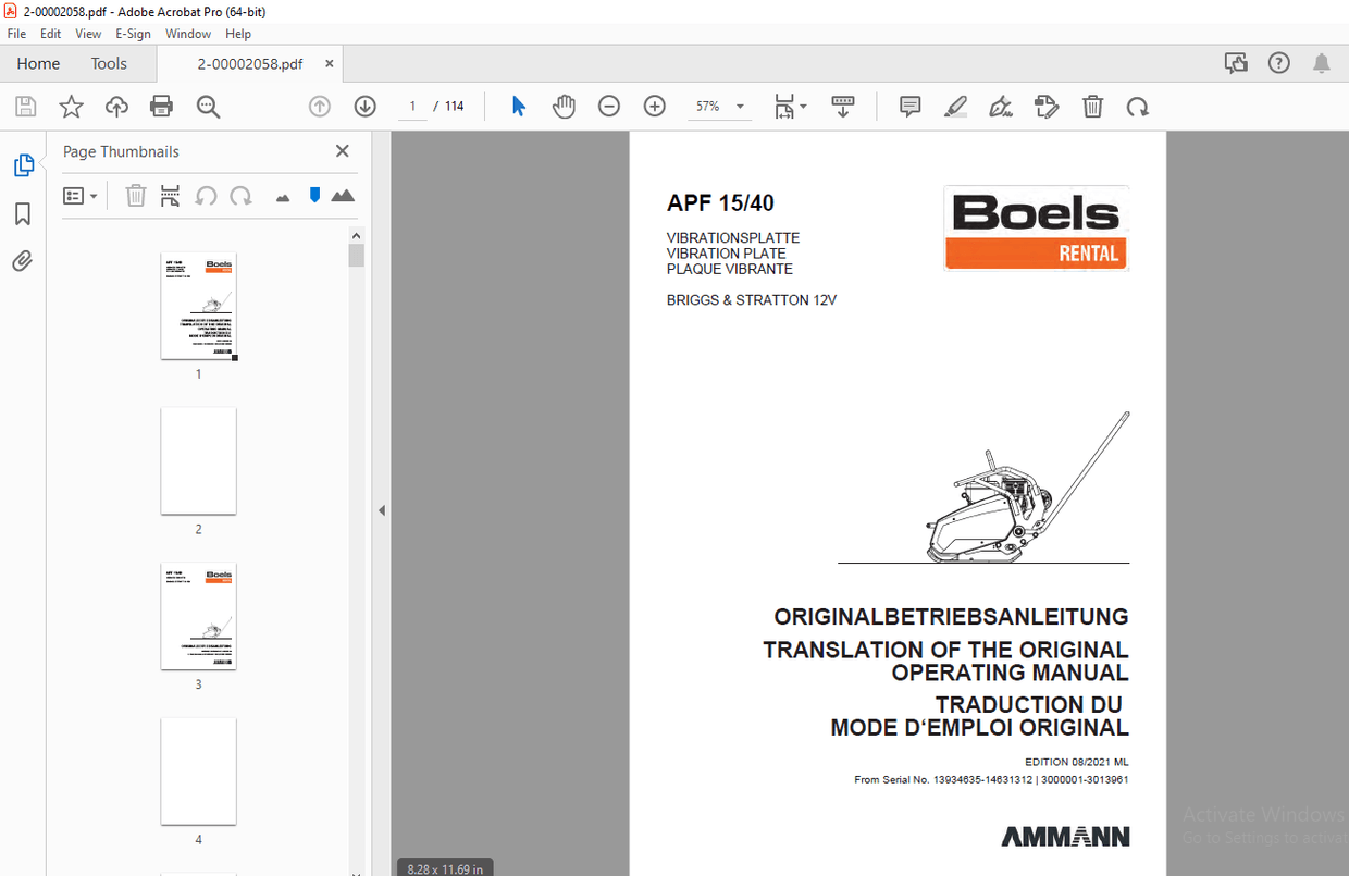 AMMANN BOELS APF 15/40 VIBRATION PLATE OPERATING MANUAL PDF