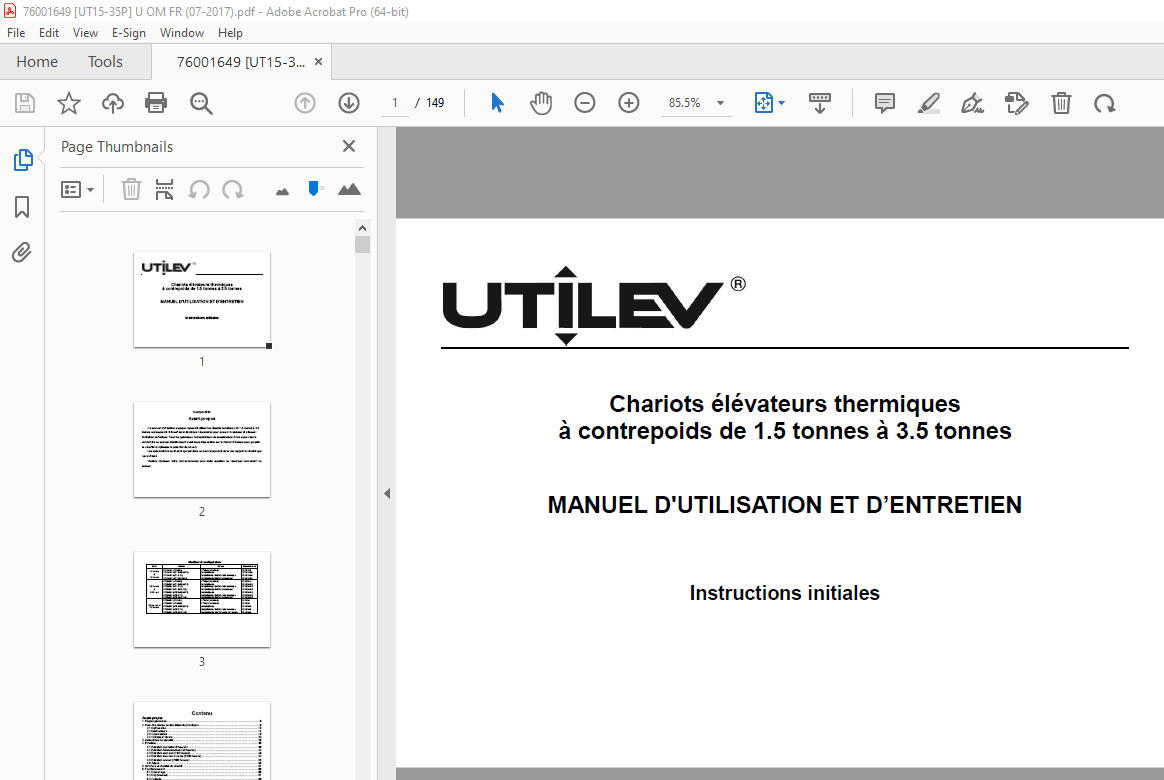 UTILEV Chariots élévateurs thermiques1.5 tonnes à 3.5 tonnes MANUEL D’UTILISATION PDF