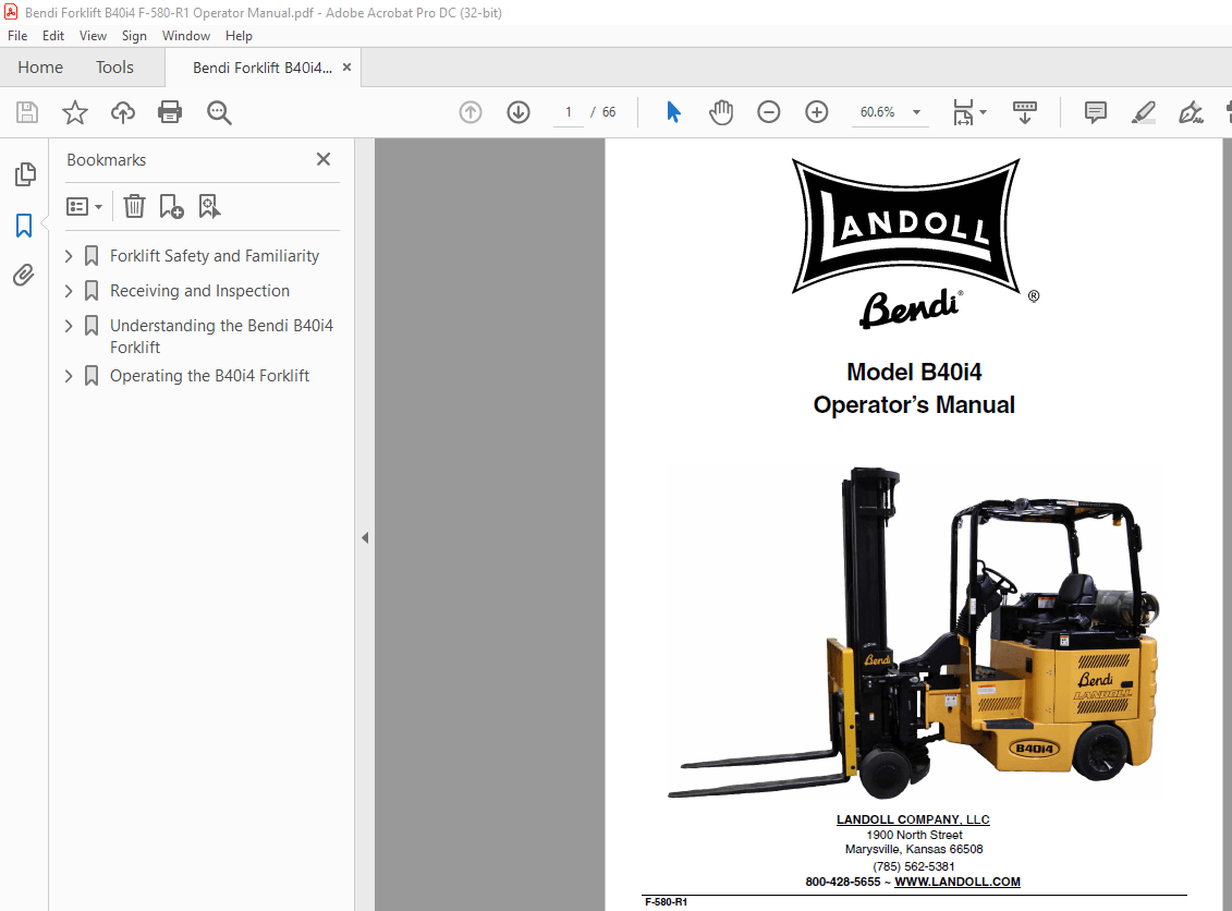 Bendi Landoll Forklift B40i4 Operator’s Manual F-580-R1 – PDF DOWNLOAD