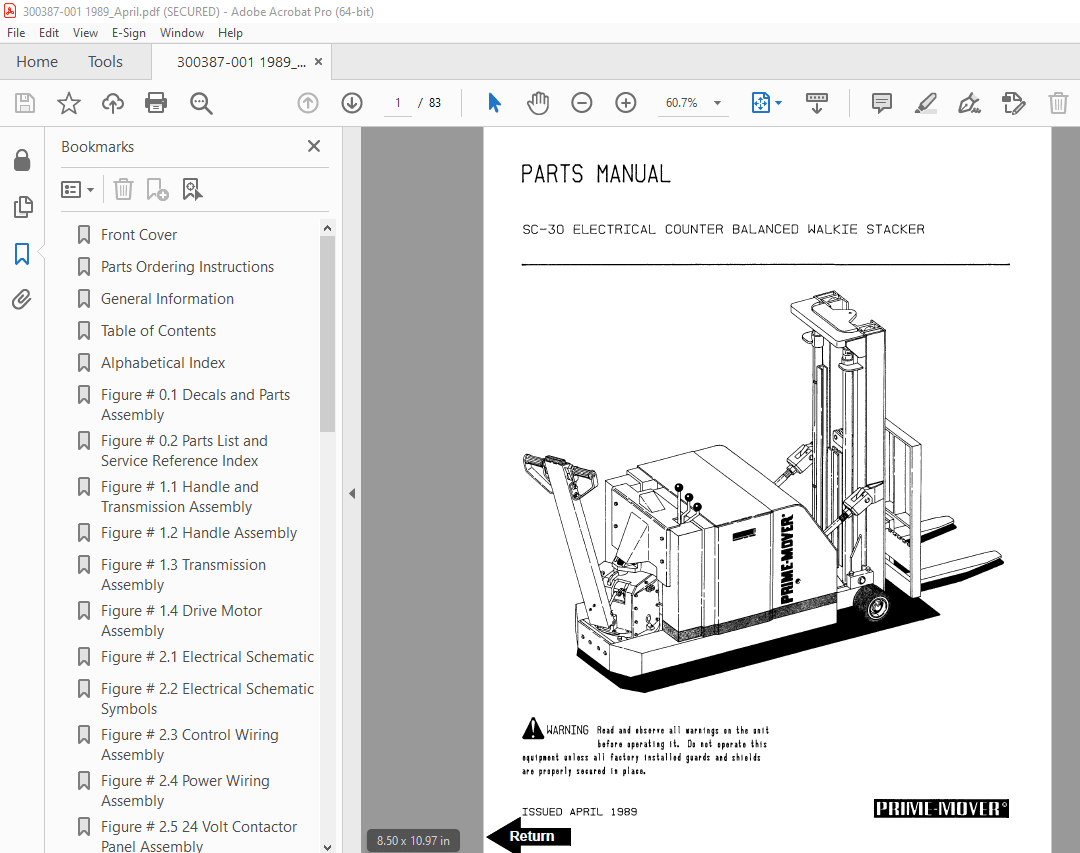 BT Prime Mover SC-30 Electrical Counter Balanced Walkie Stacker Parts Manual - PDF DOWNLOAD