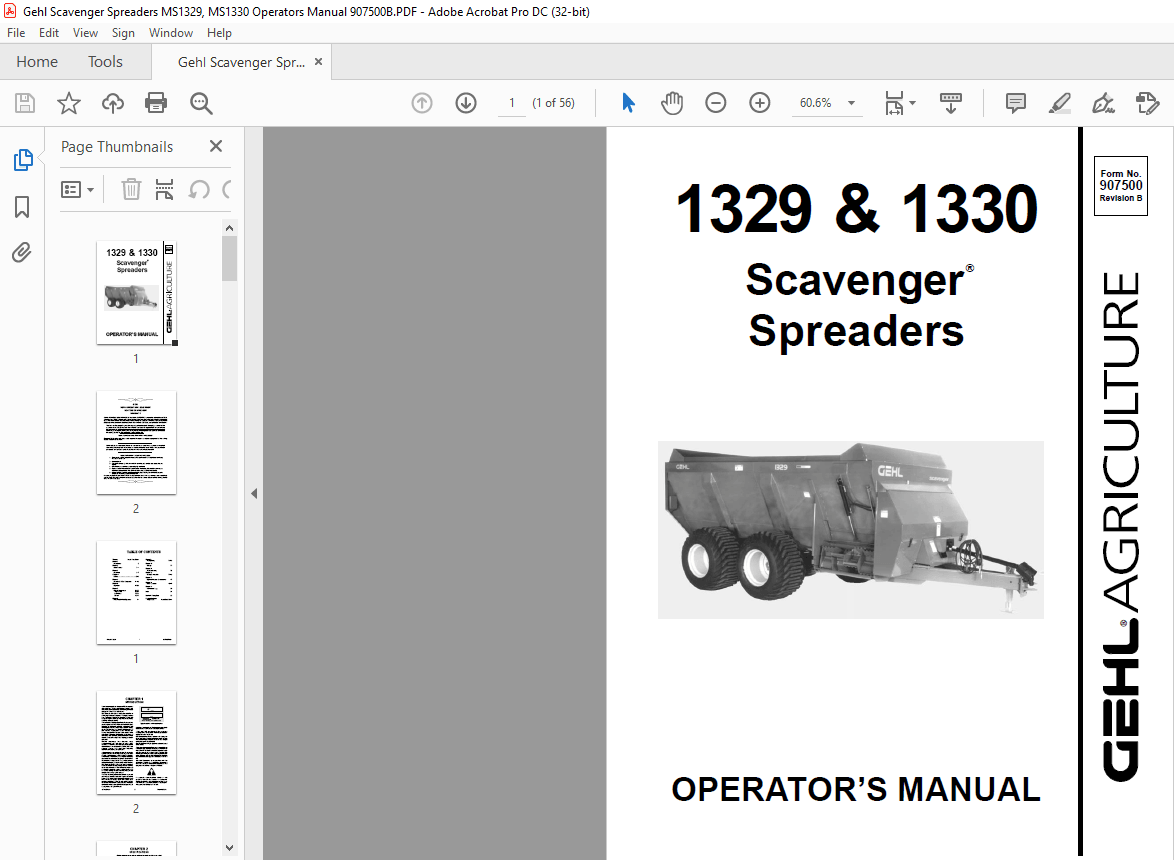 Gehl Scavenger Spreaders MS1329, MS1330 Operators Manual 907500B – PDF DOWNLOAD
