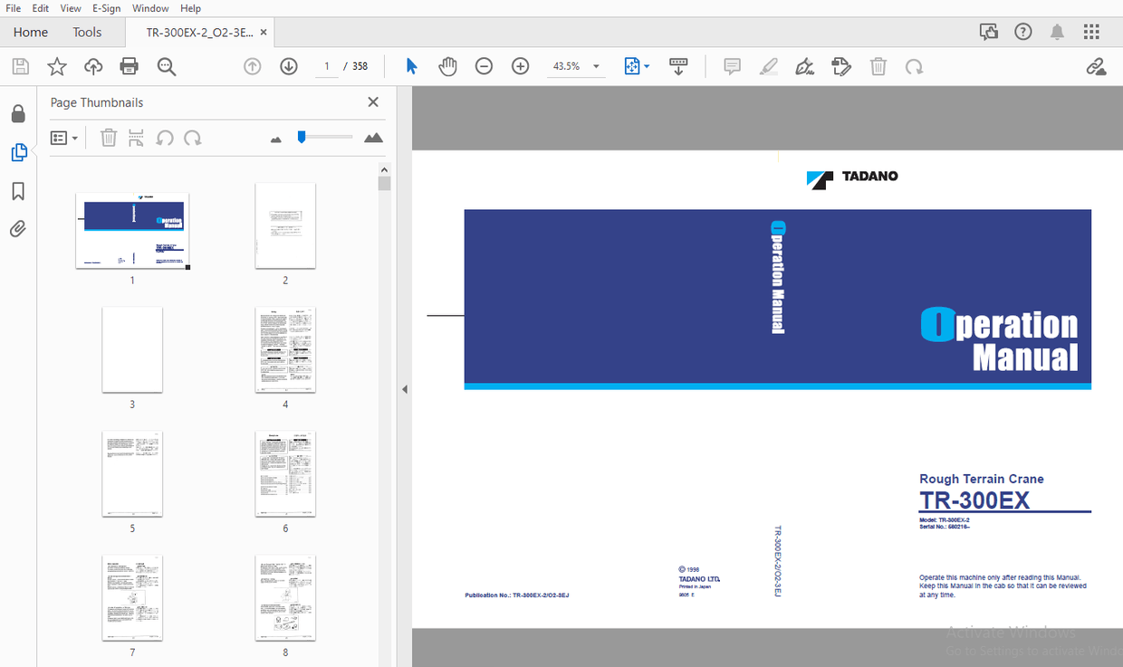 Tadano TR-300EX Rough Terrain Crane Operation Manual – PDF
