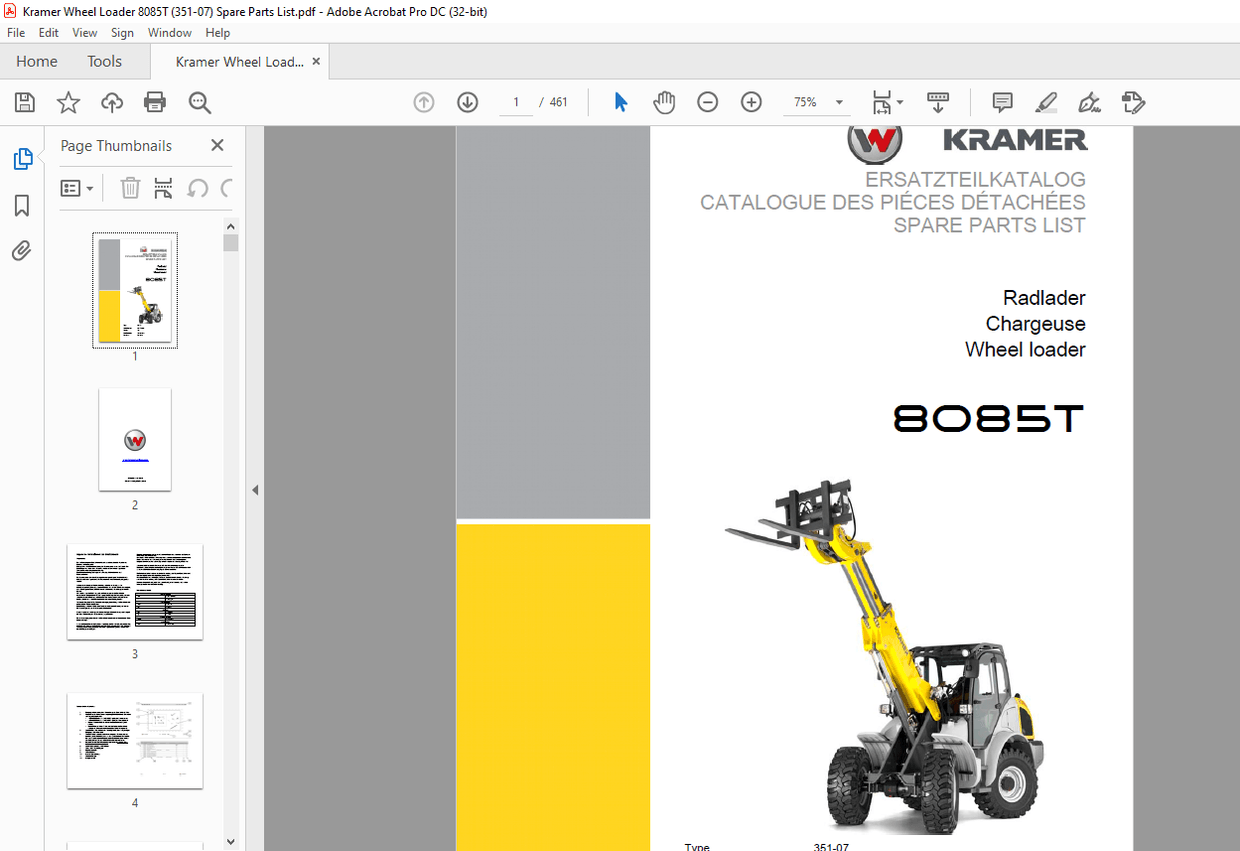 KRAMER Wheel loader 8085T Spare Parts List Manual SN351070001 – PDF DOWNLOAD