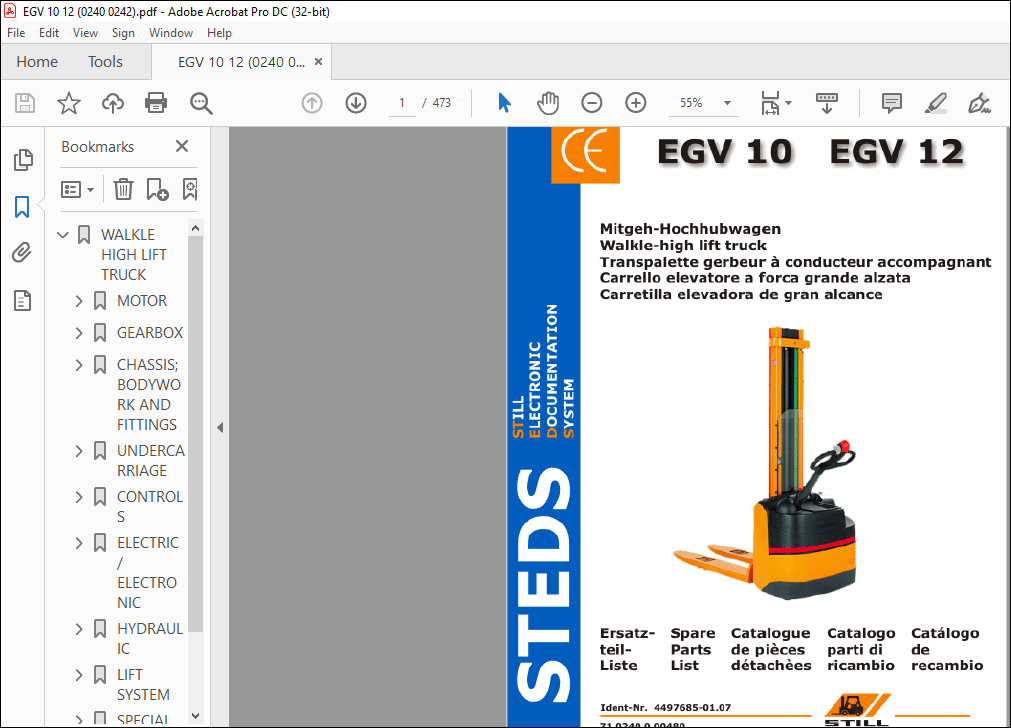 STILL EGV 10 12 WALKLE HIGH LIFT TRUCK Spare Parts Catalogue Manual – PDF DOWNLOAD