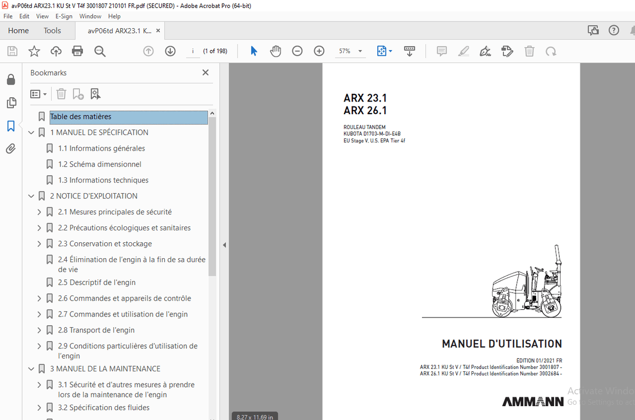 AMMANN ARX 23.1 ARX 26.1 ROULEAU TANDEM MANUEL D'UTILISATION - PDF