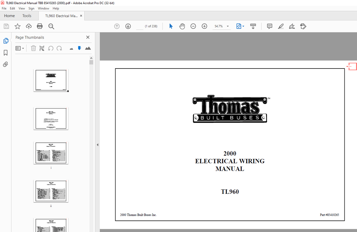 Thomas Built BUSES TL960 2000 ELECTRICAL WIRING MANUAL 85410265