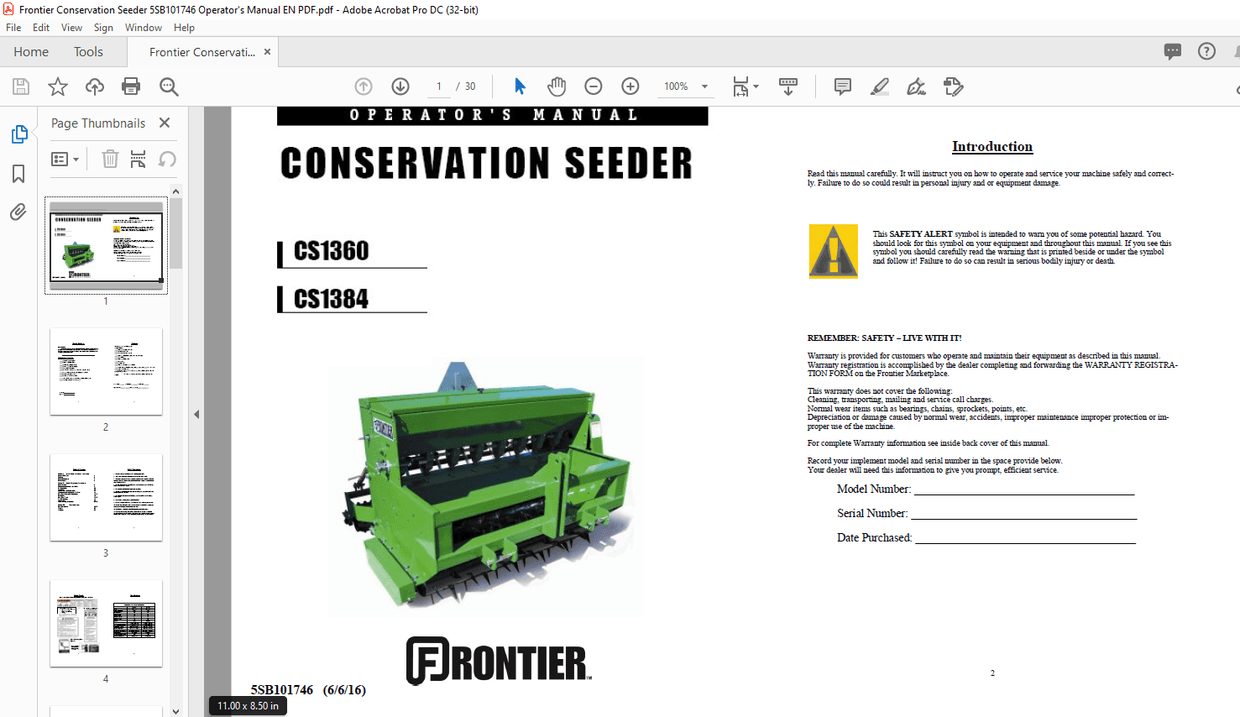 Frontier Conservation Seeder CS1360 CS1384 Operator’s Manual(5SB101746 ...